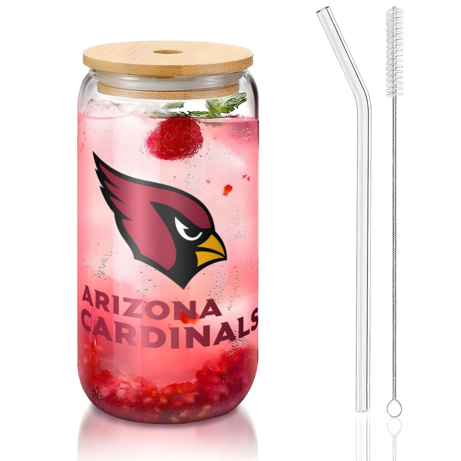Cardinals Football Team 16 oz Glass with Bamboo Lid and Straw, Iced ...