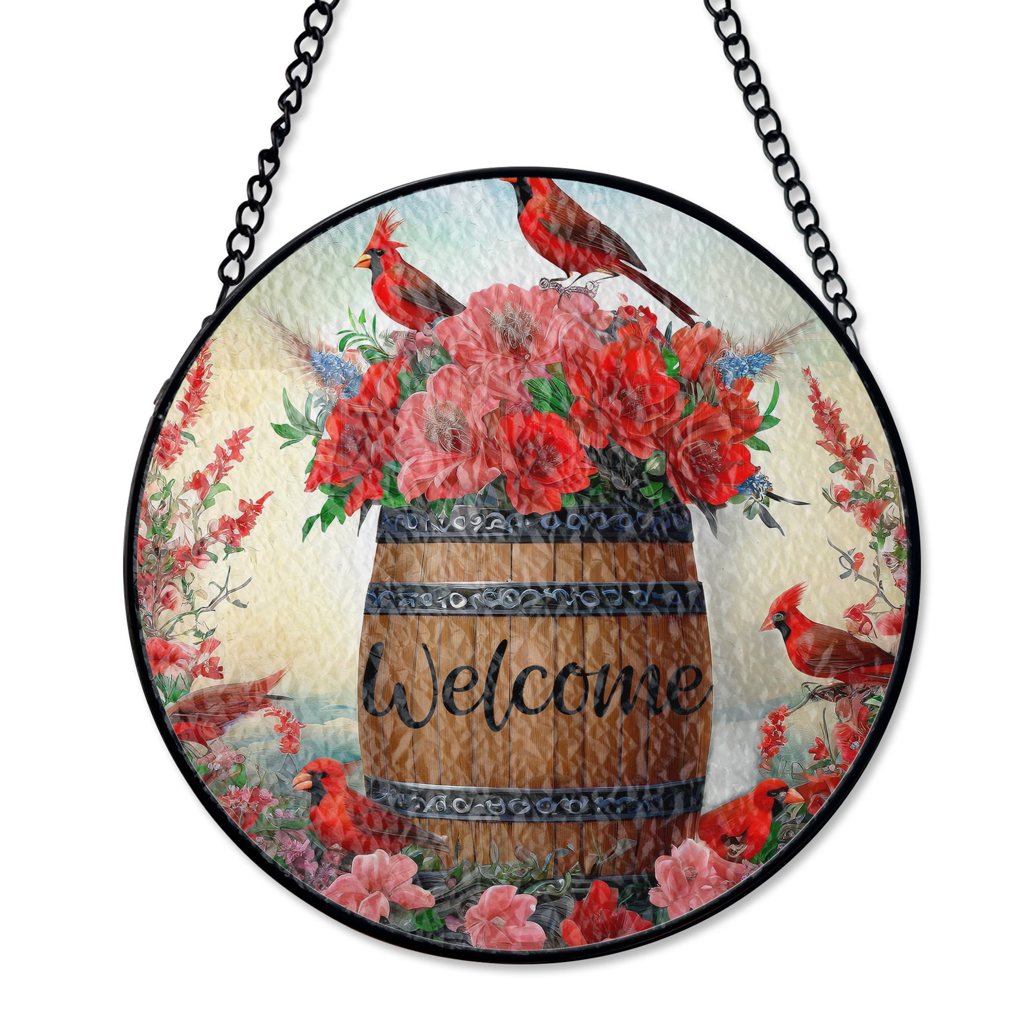 Cardinals On Barrel Welcome Suncatcher, Stained Glass Style UV Printed ...