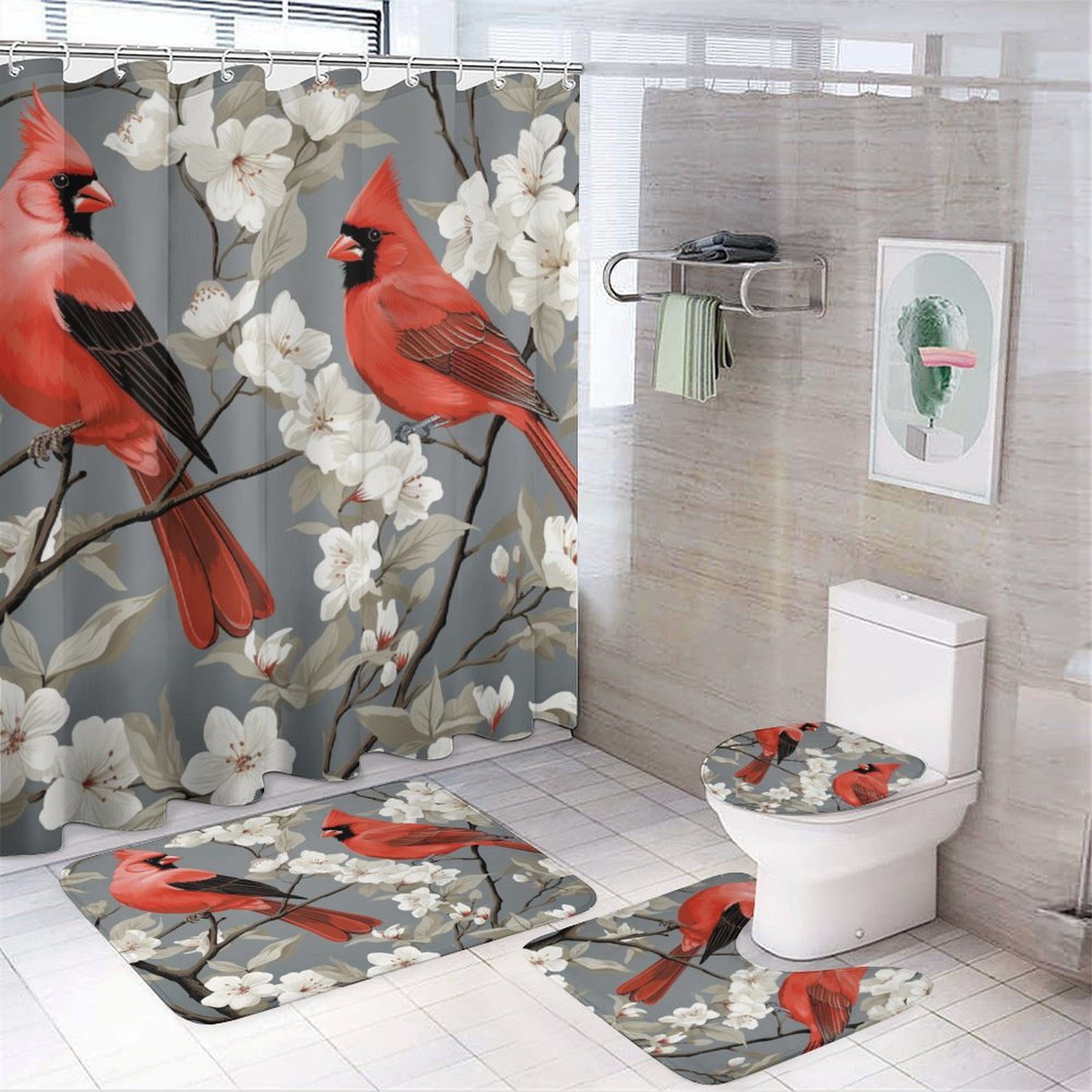 Cardinals RedBird Dogwoods 4 Piece Decor Shower Curtains Sets with Non ...