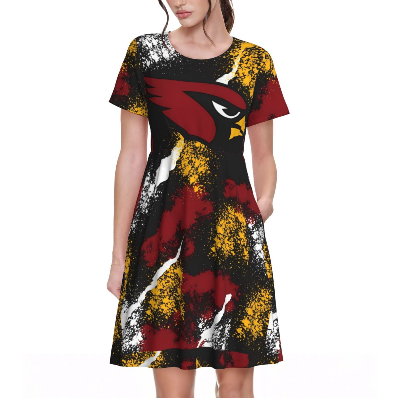 Cardinals Women's Short Sleeve Dress Ball Team Print Round Neck Summer ...
