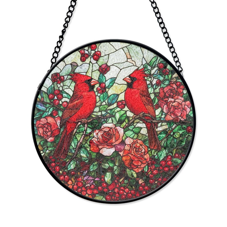 Cardinals and Roses Stained Glass Window Hanging - Romantic Floral ...