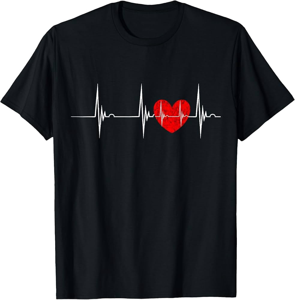 Cardiologist ECG Heartbeat Pulse T-Shirt - Black with Red Heart Design ...