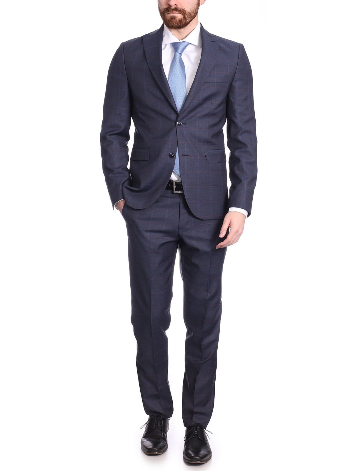 Carducci Mens Blue Windowpane Wool Blend Slim Fit Suit With Peak Lapels ...