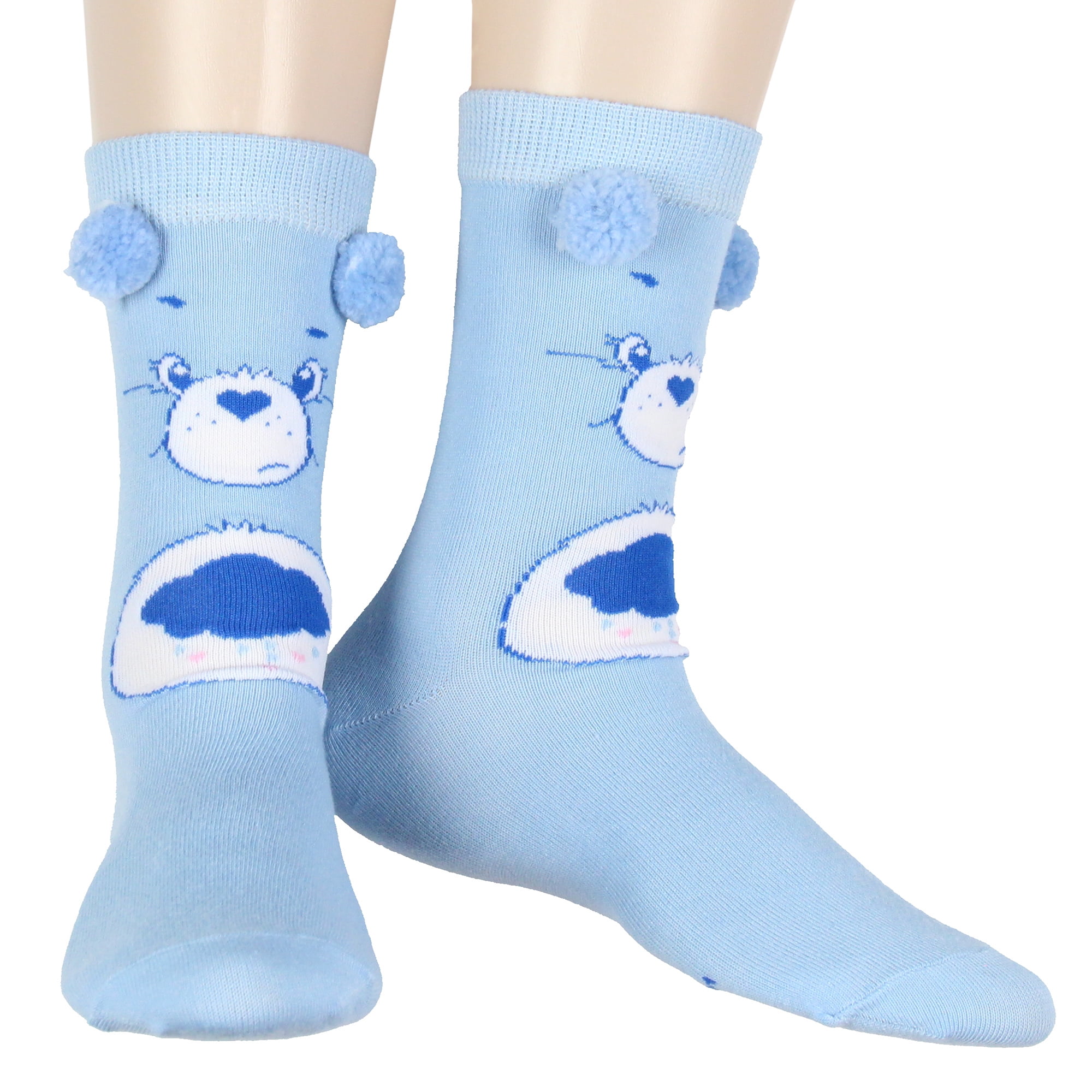 Care Bear Socks Women's Grumpy Bear Face and Belly Badge Design Pom-Pom Mid-Calf Junior's Crew ...