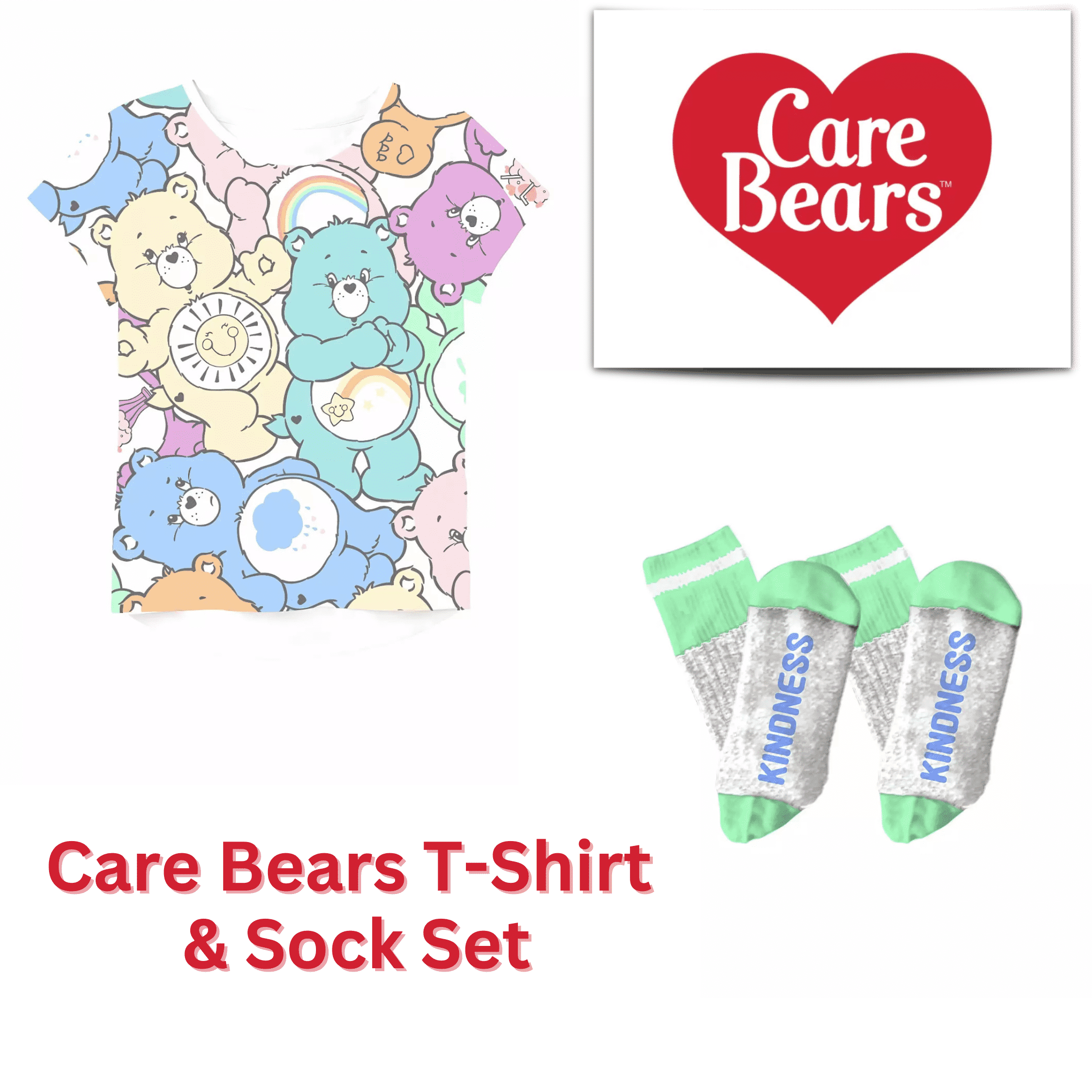 Care Bears T-Shirt & Sock Set Cute Outfit For Girls Sizes 4-12 All Over ...