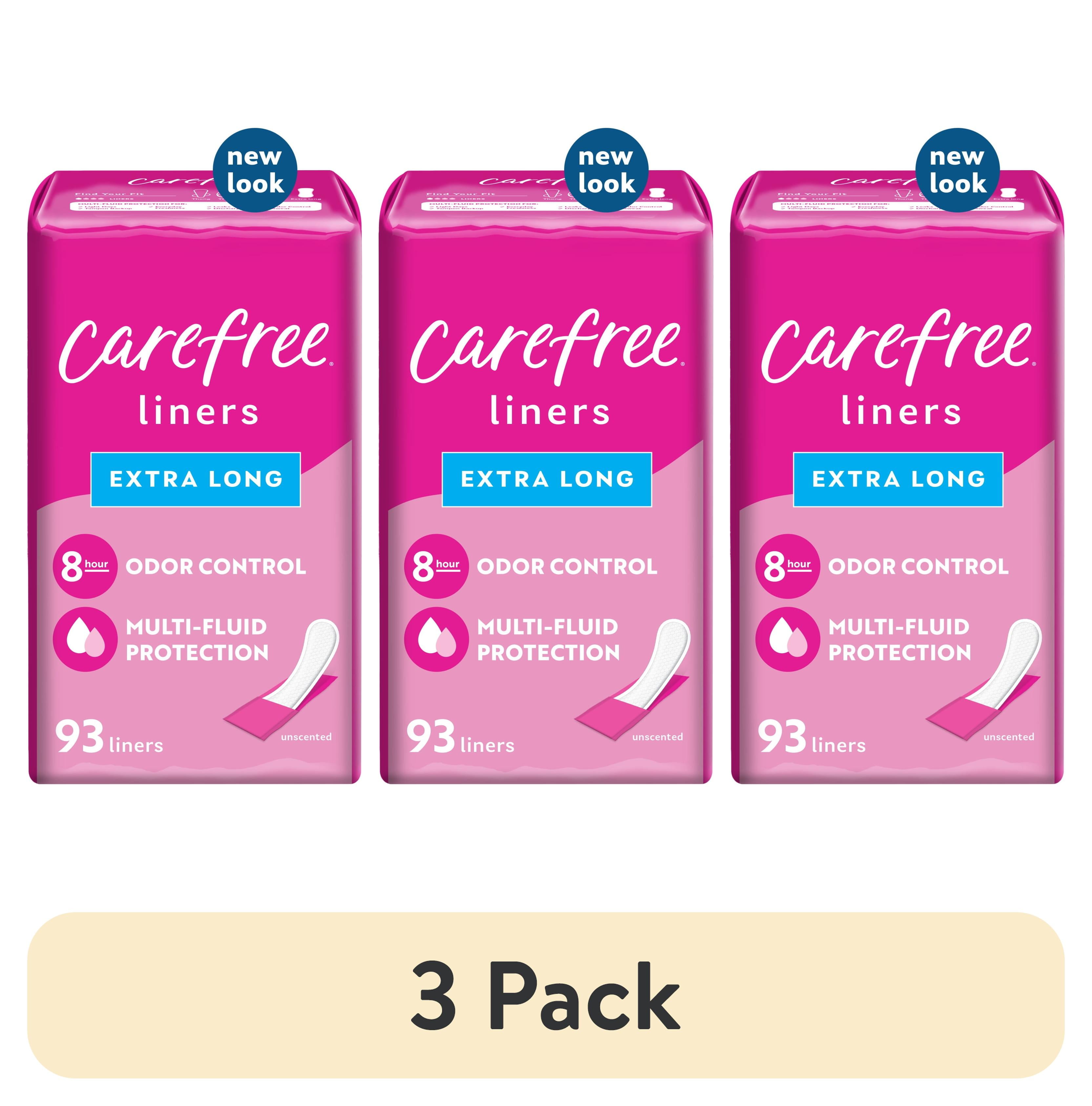 (3 pack) Carefree Regular Panty Liners, Extra Long, Unscented, 93 Ct, 8 Hour Odor Control ...