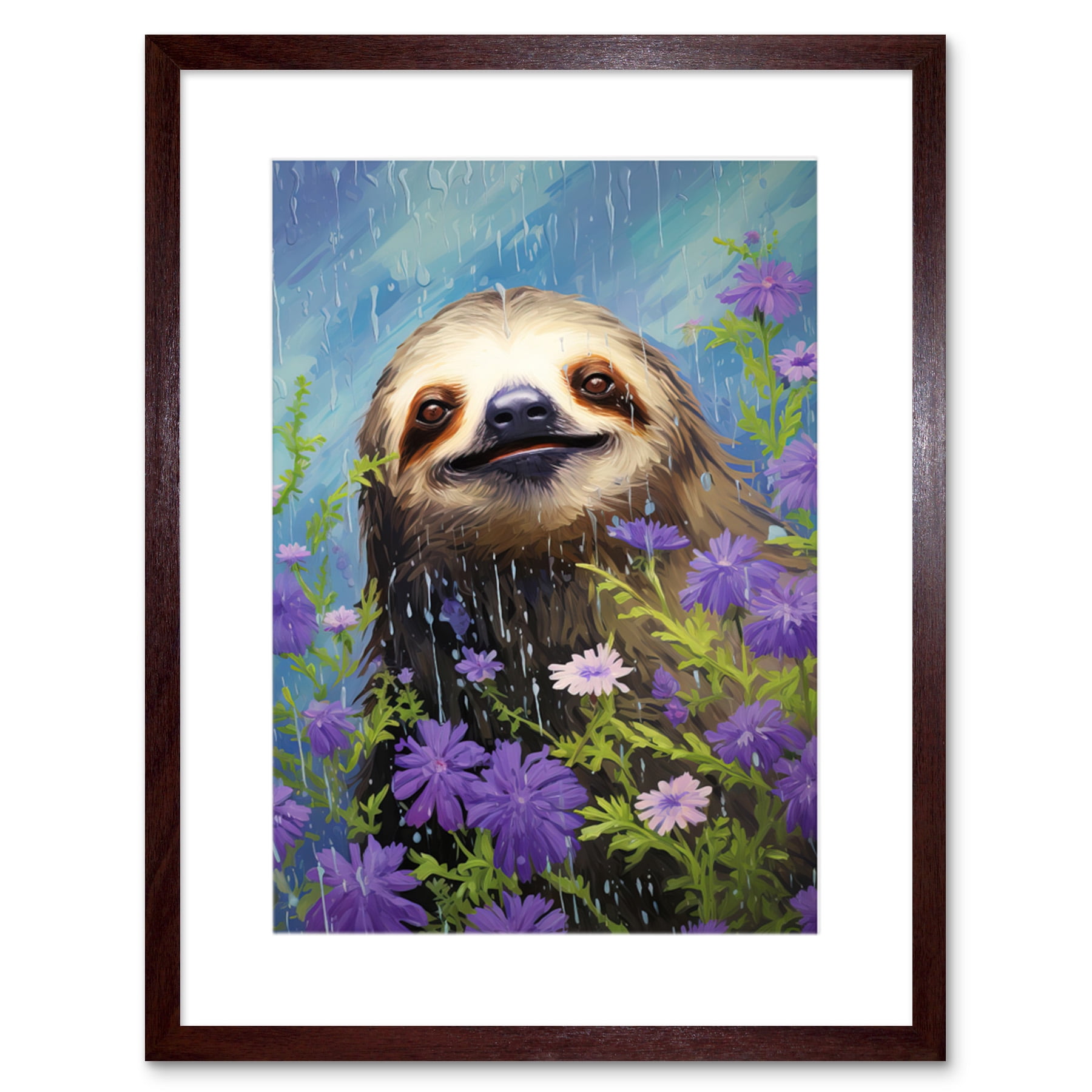 Carefree Sloth in a Field of Lavender Daisies Oil Painting Enjoying the ...