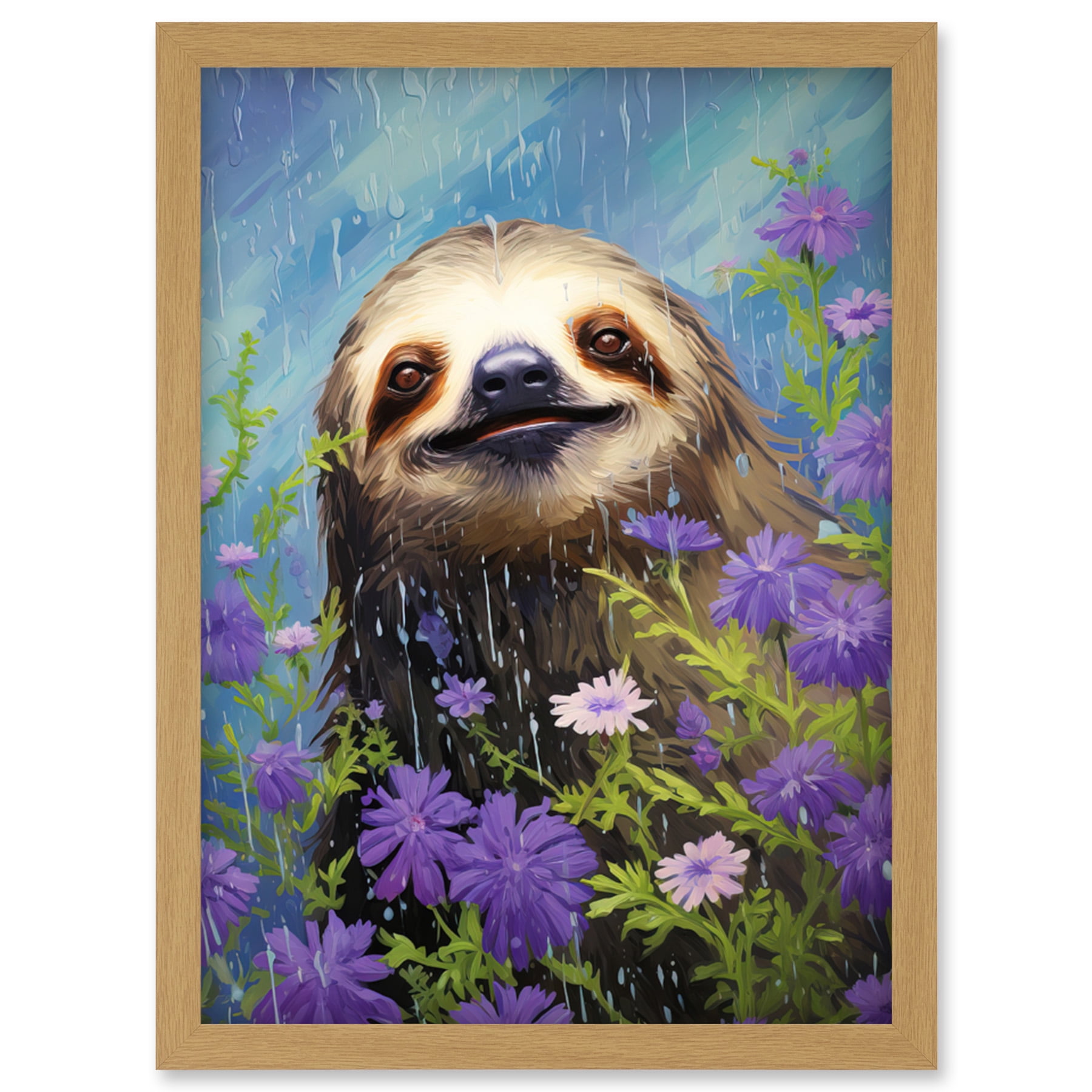 Carefree Sloth in a Field of Lavender Daisies Oil Painting Enjoying the ...