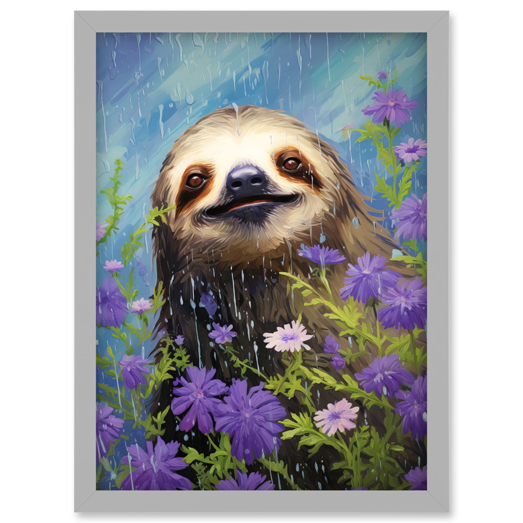 Carefree Sloth in a Field of Lavender Daisies Oil Painting Enjoying the ...