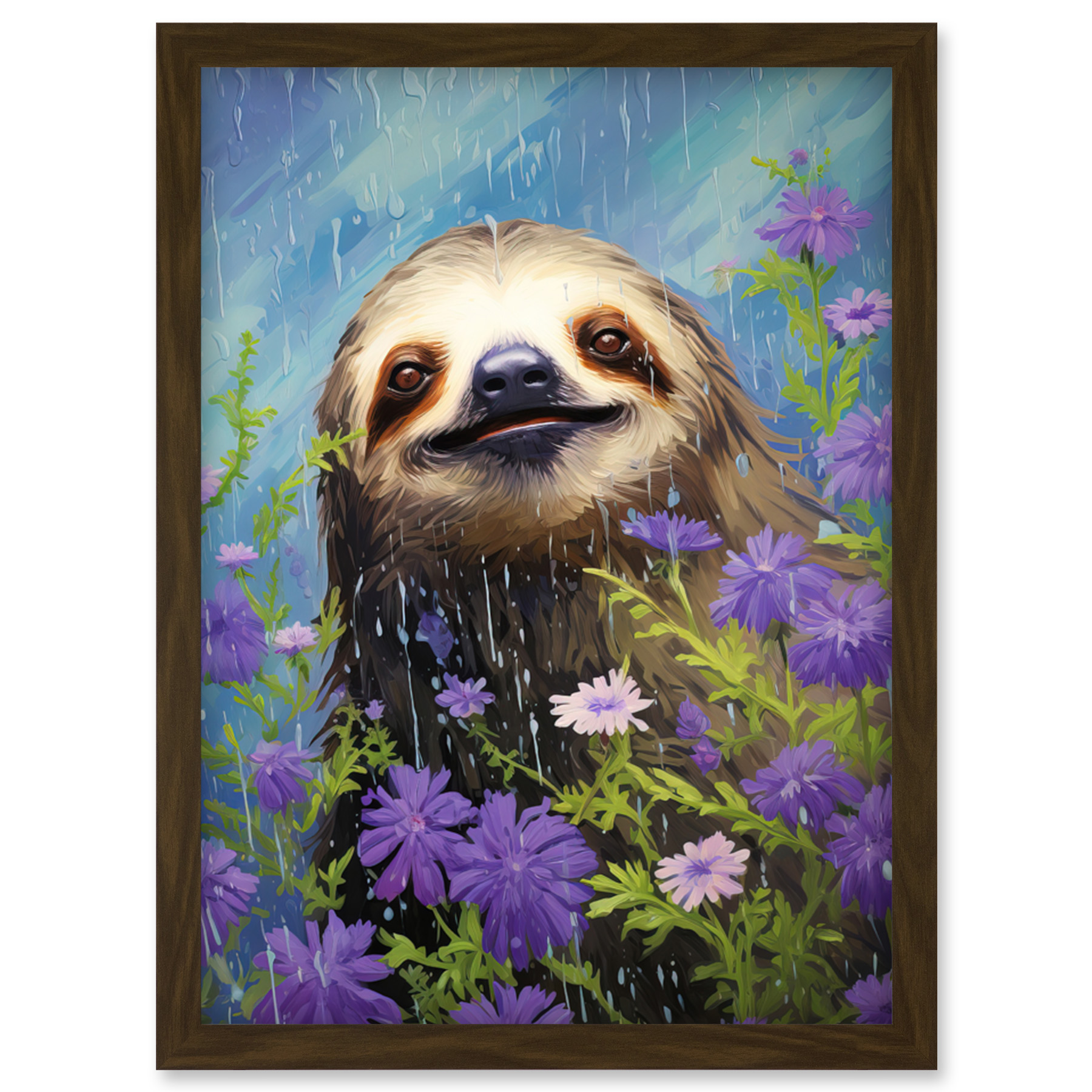 Carefree Sloth in a Field of Lavender Daisies Oil Painting Enjoying the ...