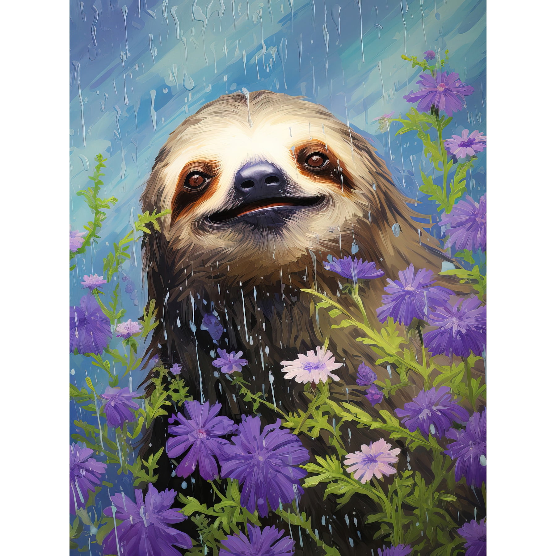 Carefree Sloth in a Field of Lavender Daisies Oil Painting Enjoying the ...