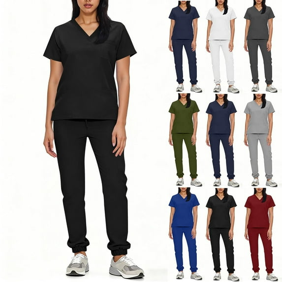 Caregiver Nursing Uniform Set with Pockets, Short Sleeve V-Neck Blouse ...