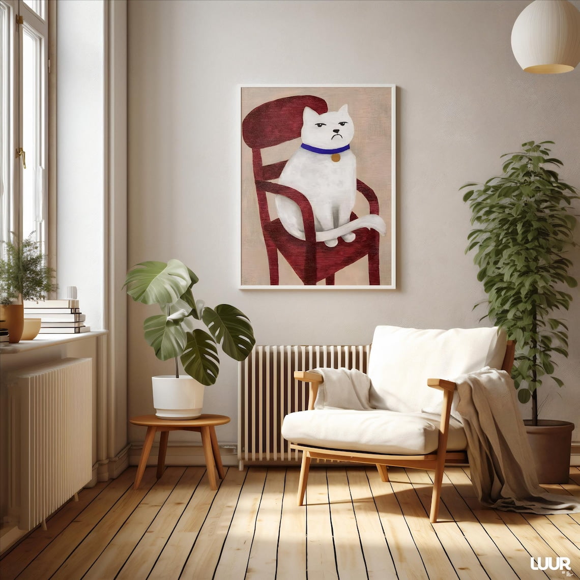 Careless Cat on Red Chair Playful Wall Art, Unframed Paper Print Size ...