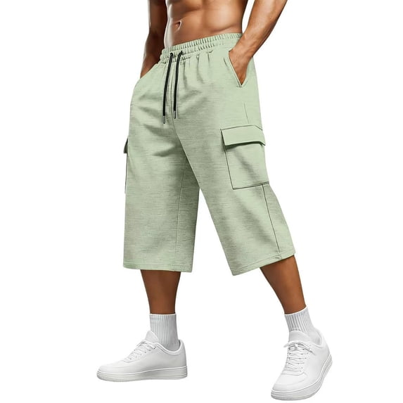 Cargo Capri Pants For Men Elastic Waist Wide Leg Cropped Trouser Casual ...
