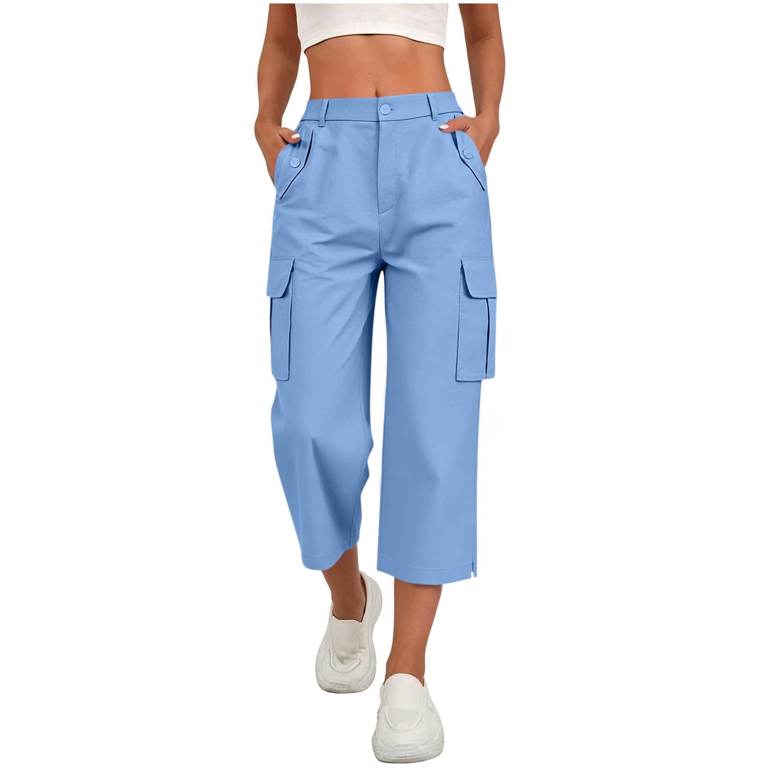 Cargo Capri Pants For Women Elastic Waist Side Split Cropped Trousers ...