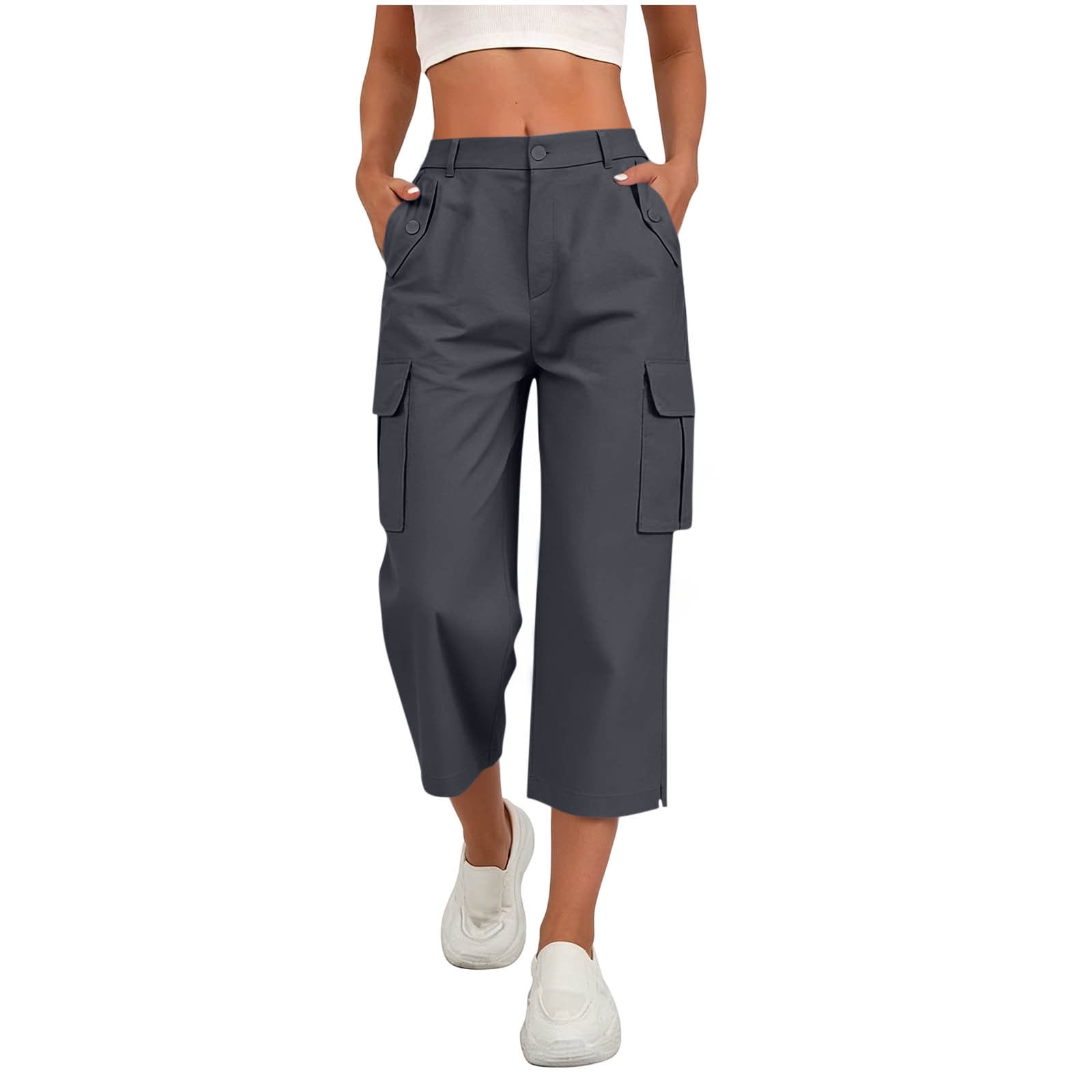 Cargo Capri Pants For Women Elastic Waist Side Split Cropped Trousers ...