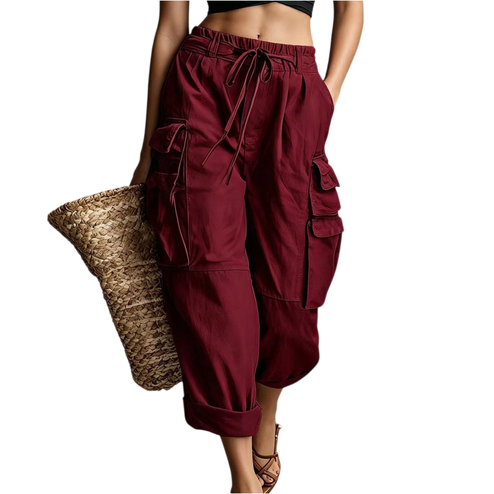 Cargo Capri Pants Women Baggy Elastic Waisted Joggers Adjustable Knot ...