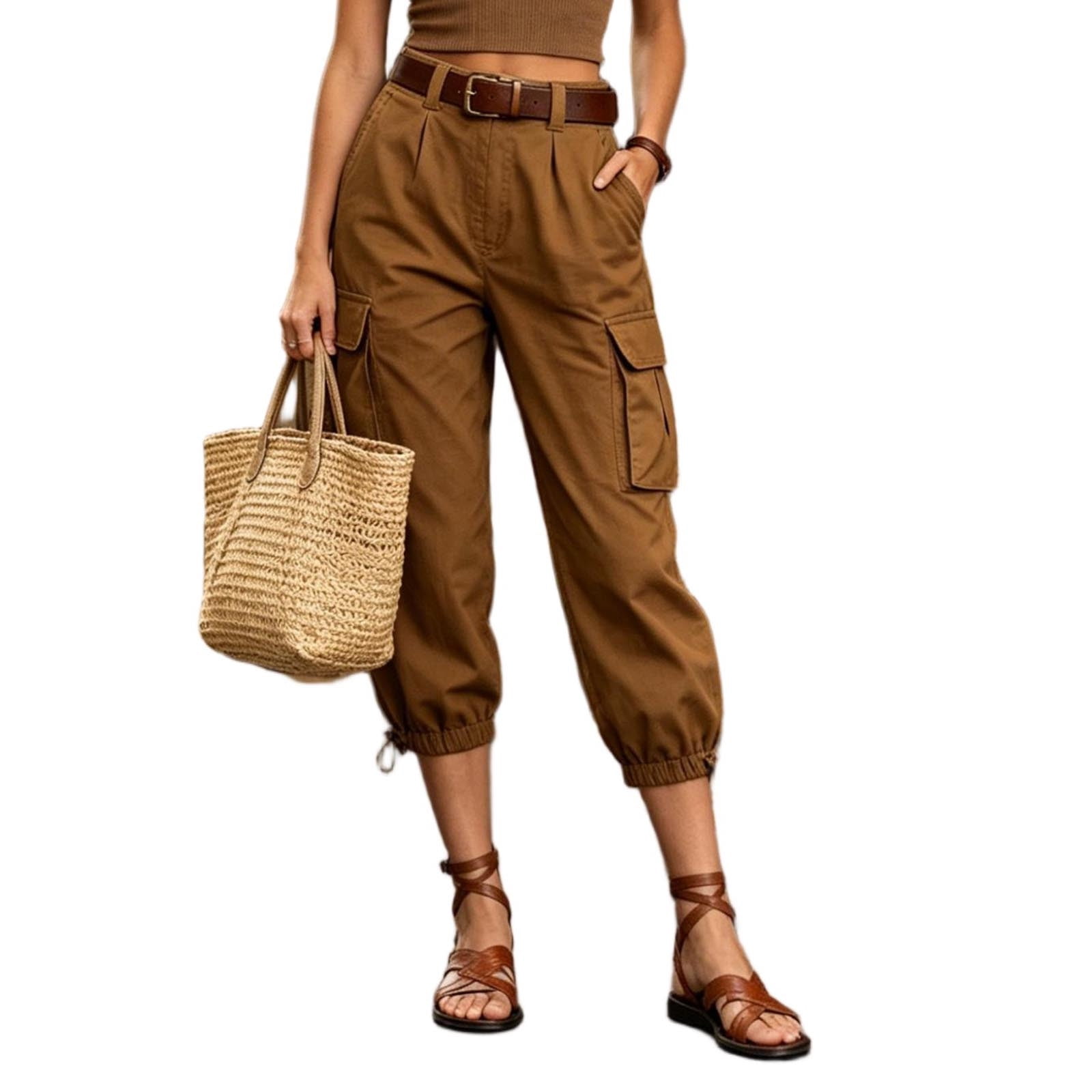 Cargo Capri Pants for Women High Waist Capri Trousers Solid Drawstring ...