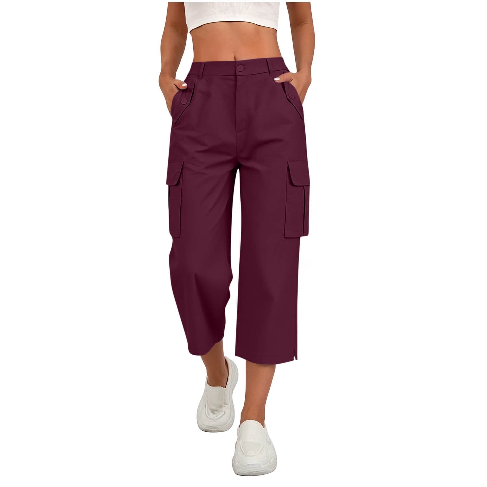 Cargo Capri Pants for Women Button Zipper Casual Capris Elastic Waist ...