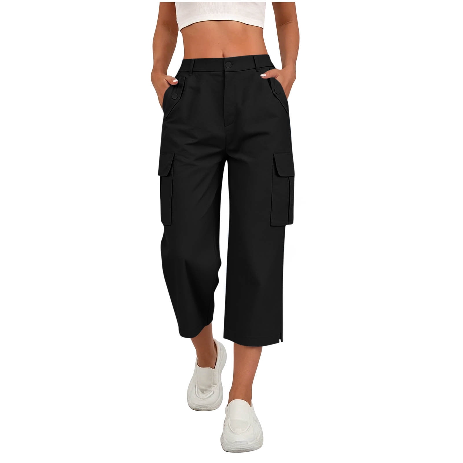 Cargo Capri Pants for Women Button Zipper Casual Capris Elastic Waist ...