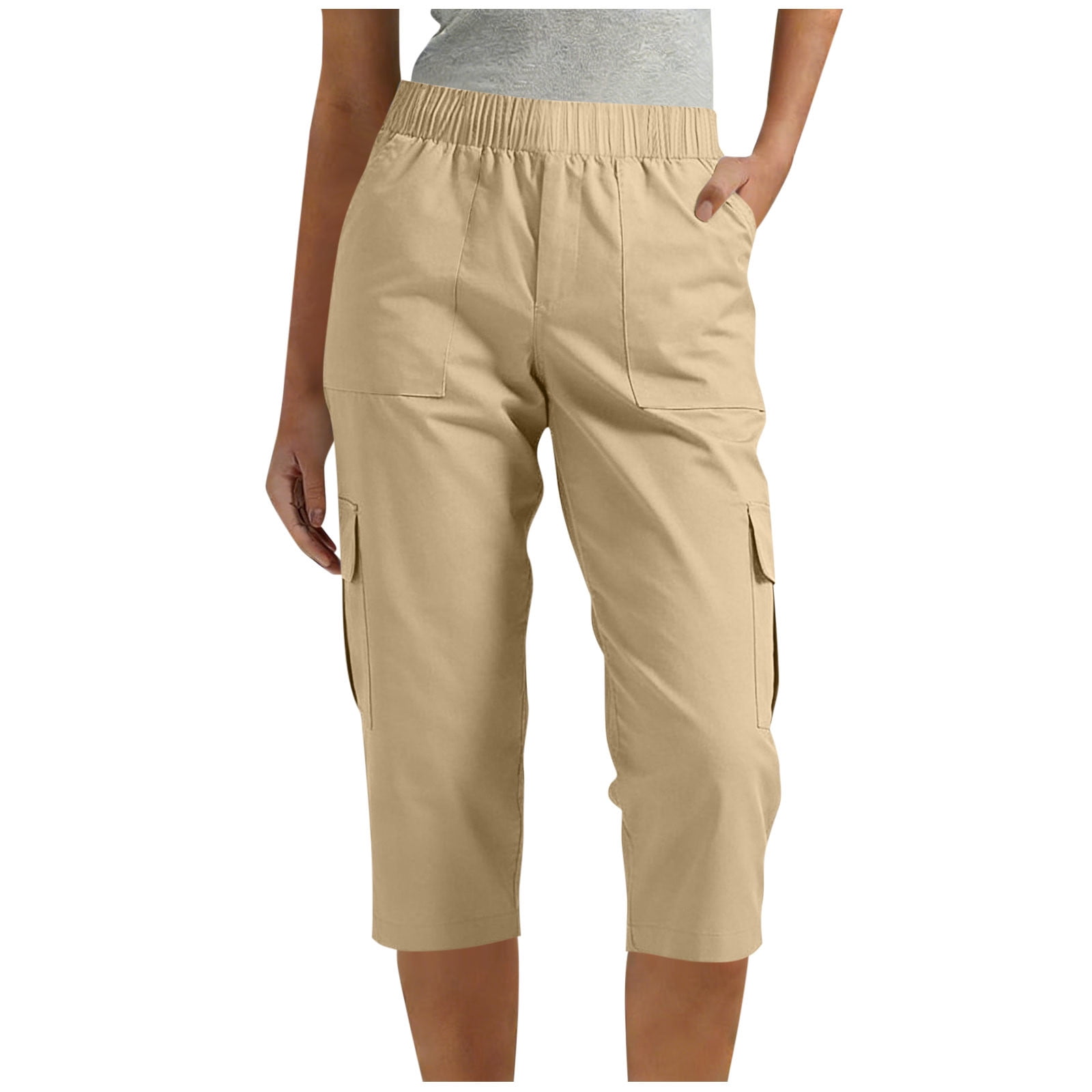 Cargo Capri Pants for Women High Waisted Relaxed Elastic Waist Knit ...