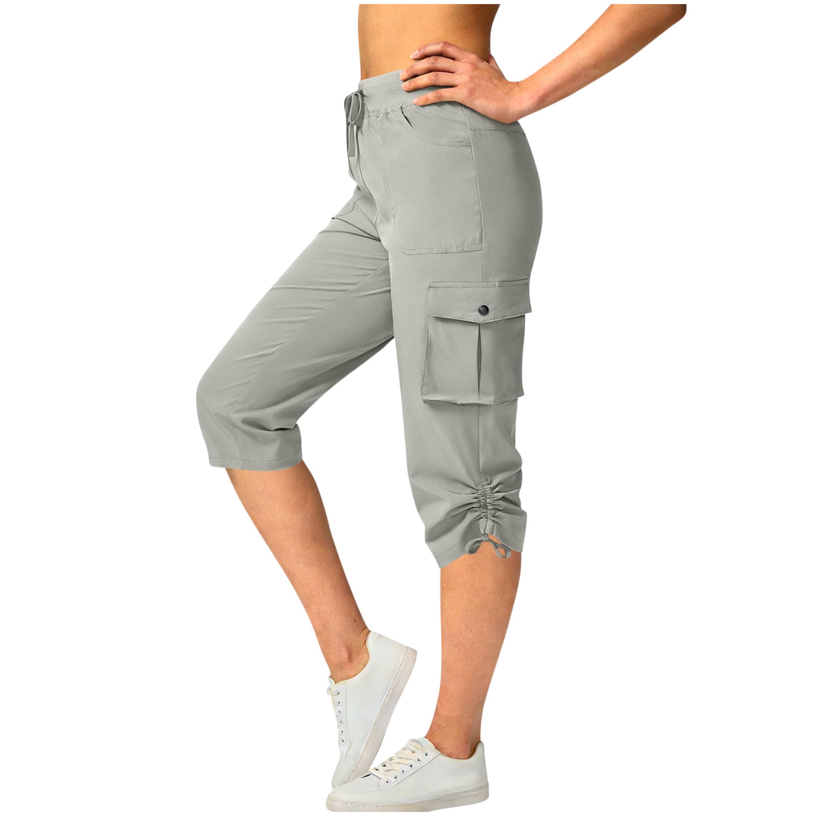 Cargo Capris Pants for Women with Multi Pockets High Tie Waisted ...