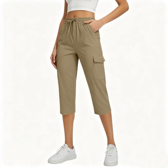 Cargo Capris for Women Pocket Stretch Elastic Waist Solid Color Cropped ...