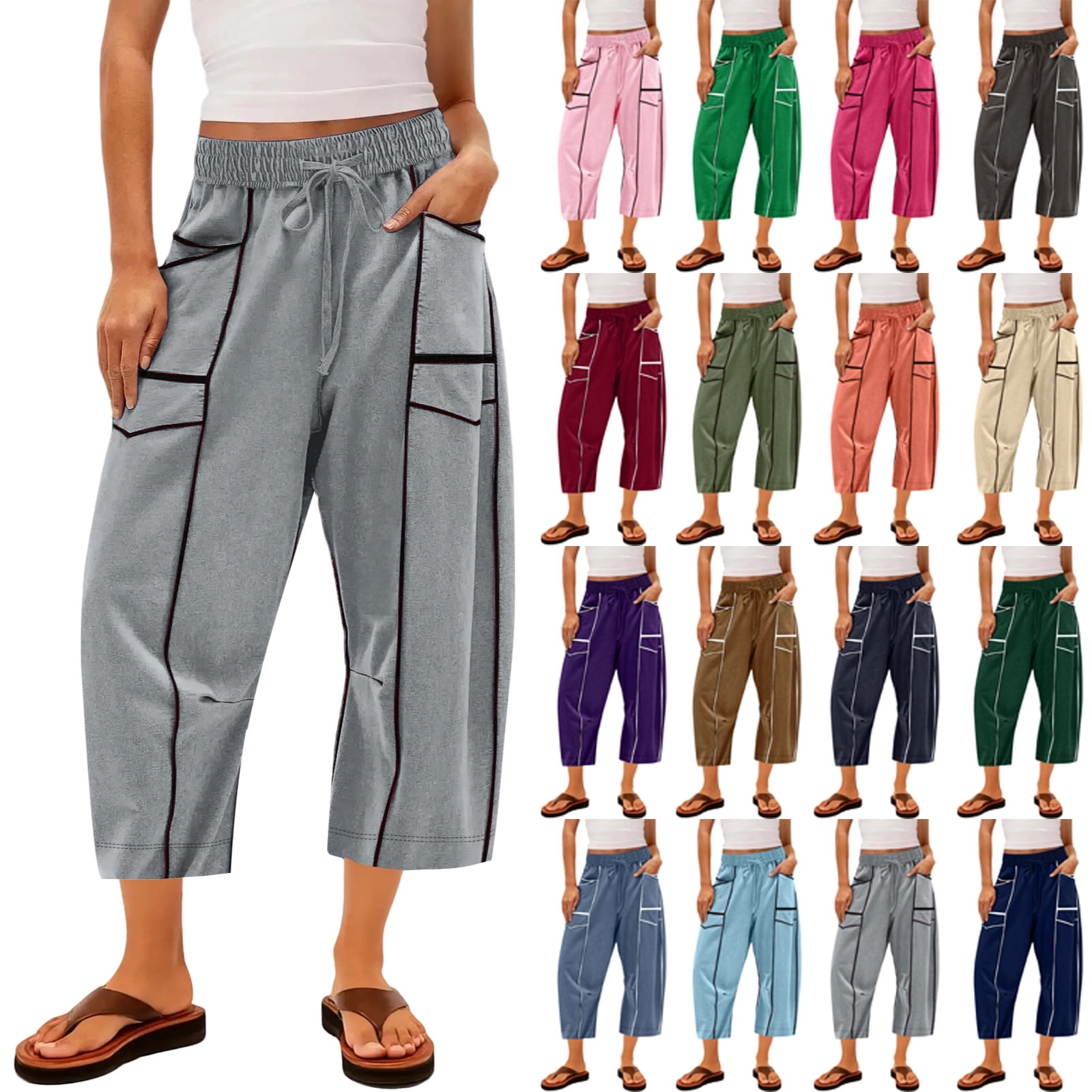 Cargo Capris for Women Drawstring Waist Casual Contrast Stitching Capri ...