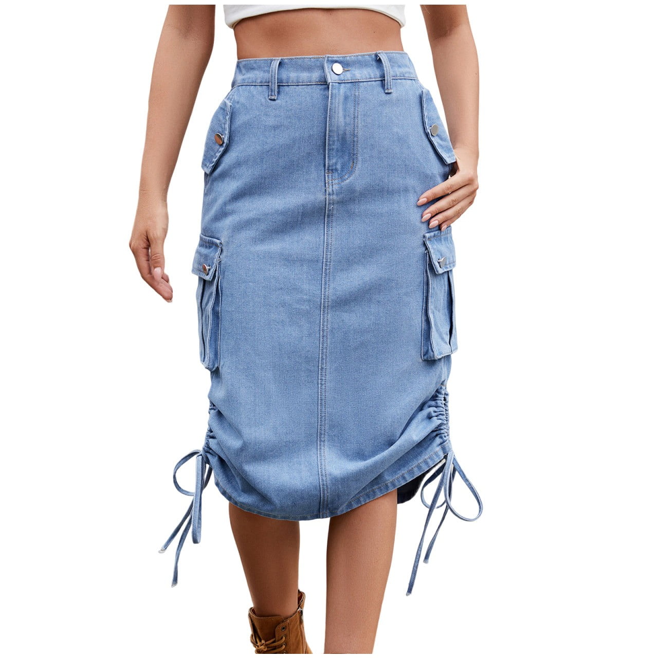 Cargo Denim Skirt for Women Stretch Cotton Maxi Wash Fitted Lace Jean ...