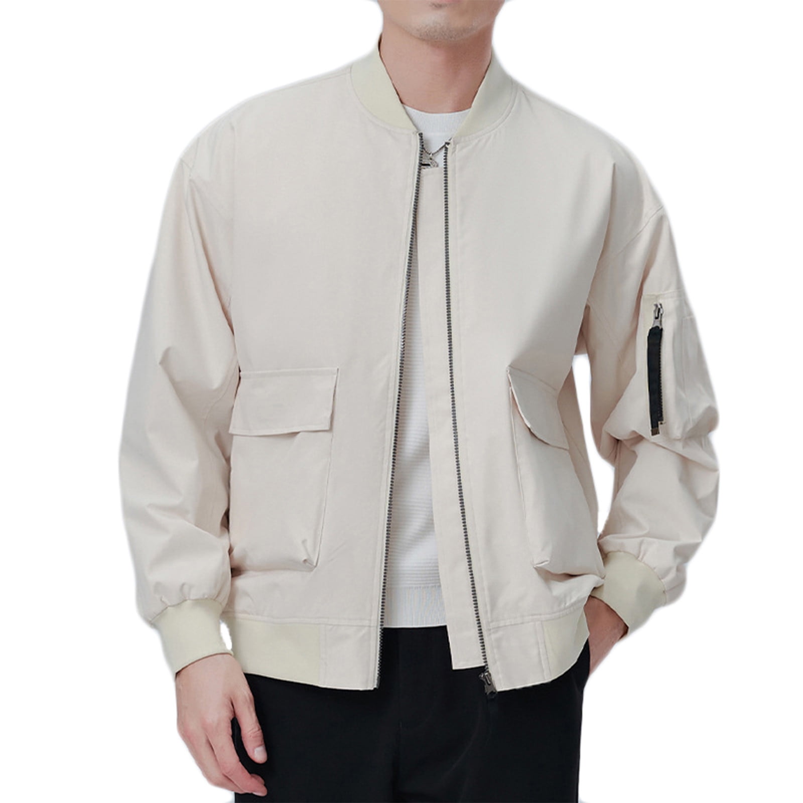 Cargo Jackets For Men Full-Zip Crew Neck Multi Pockets Solid Color ...