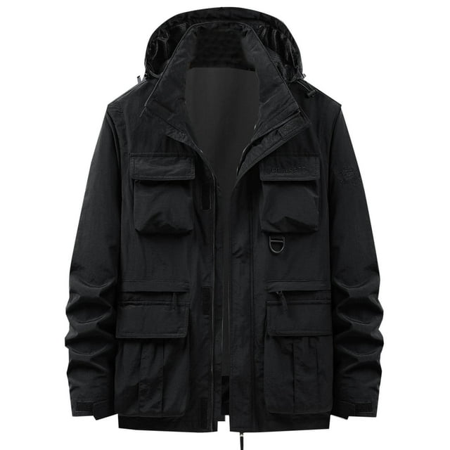 Cargo Jackets for Men with Detachable Hood, Casual Zip Up Long Sleeve ...