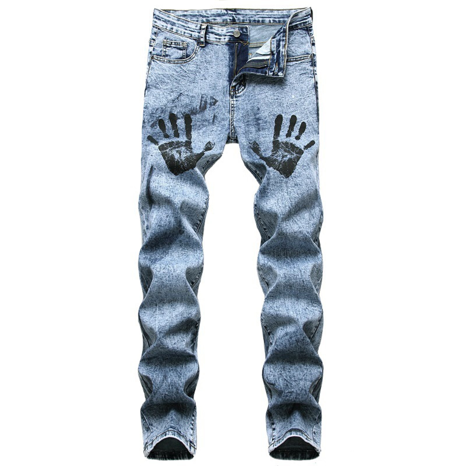Cargo Jeans Men Male Jeans Print Stretch Light Blue Jeans Trend Casual ...