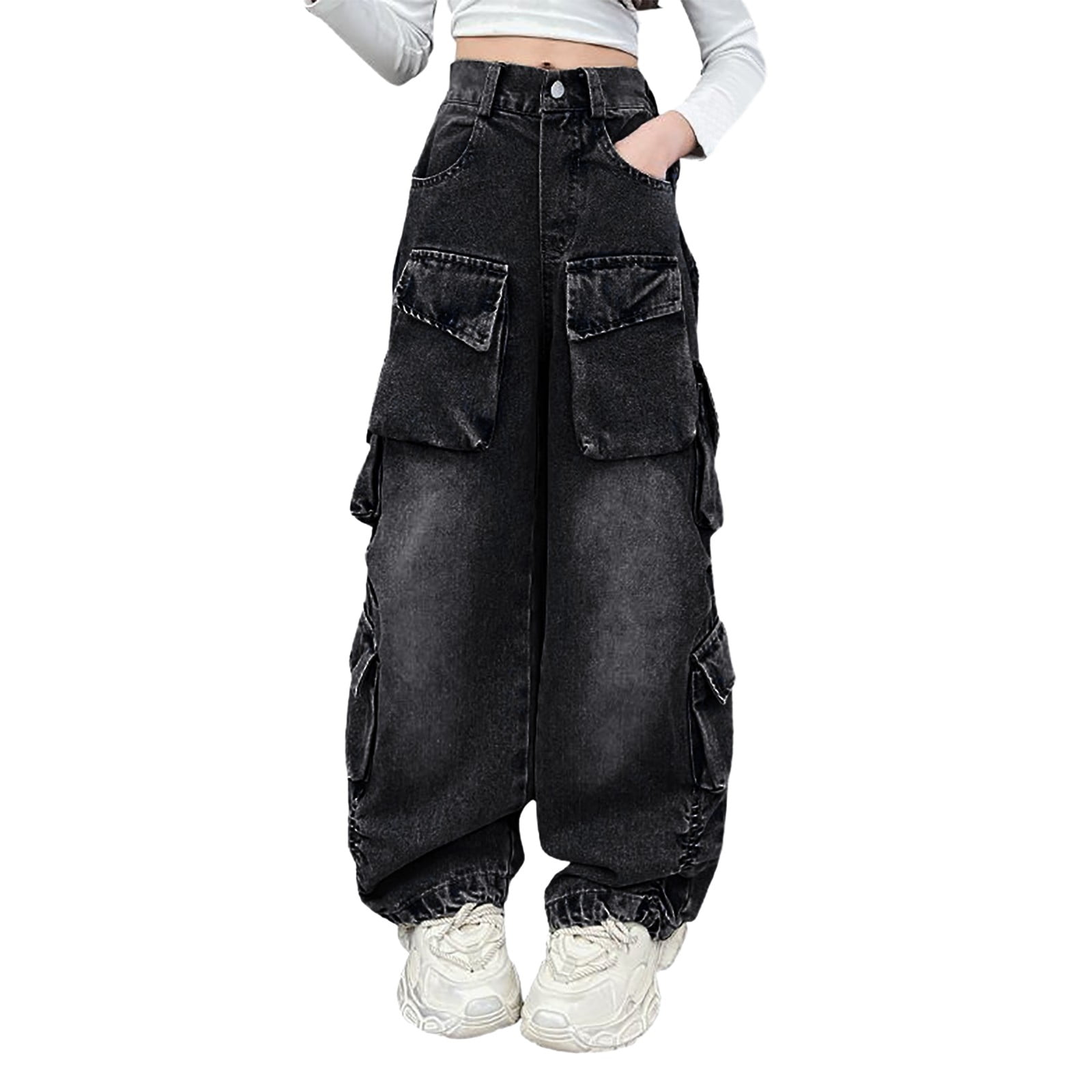 Cargo Jeans for Girls Relaxed Fit High Waisted Straight Leg Strechy ...