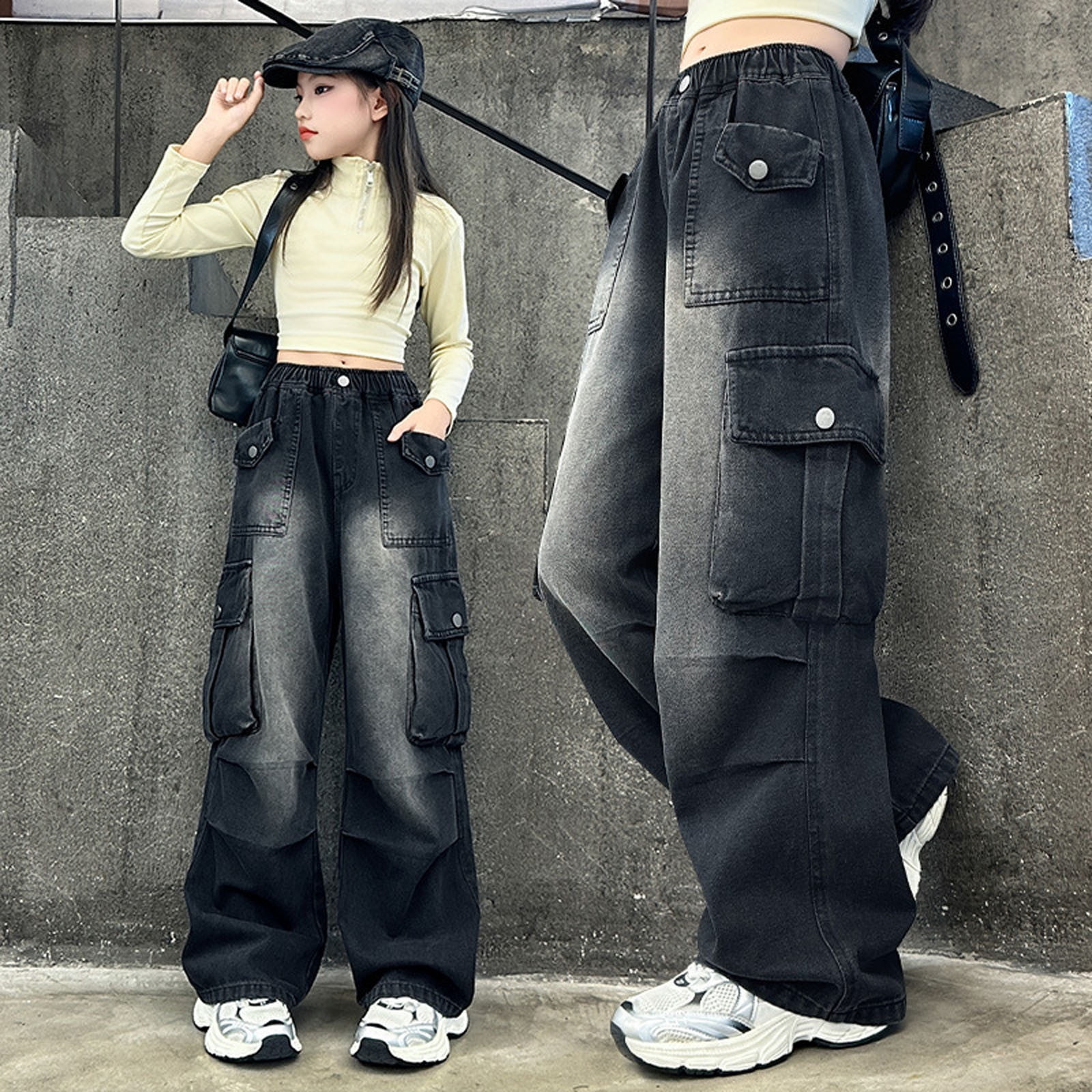 Cargo Jeans for Girls Wide Leg Jeans Girls Elastic Waist Girls' Cargo ...