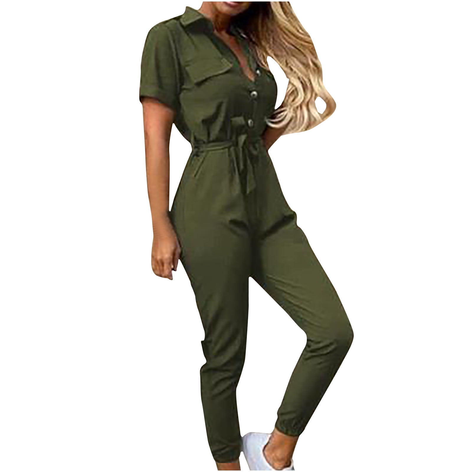 Cargo Jumpsuit for Women Casual Button Down Jumpsuit Romper Overalls ...