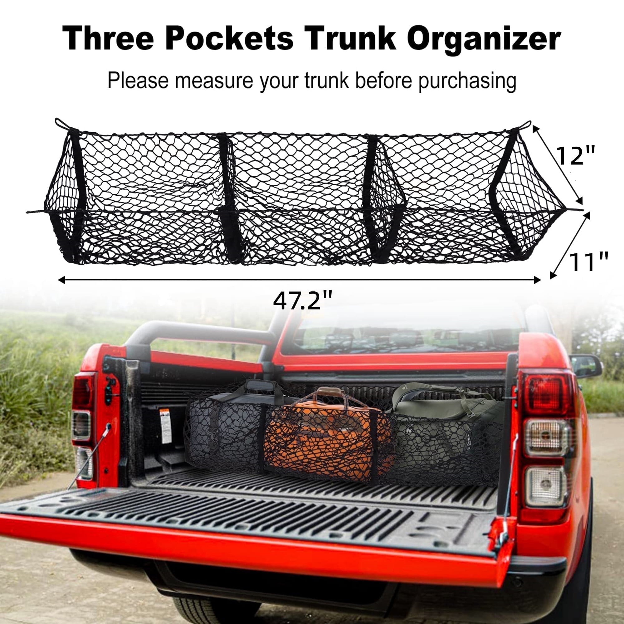 Filluck Cargo Net for Pickup Truck Bed, 3 Pocket Trunk Organizer 47.2 ...