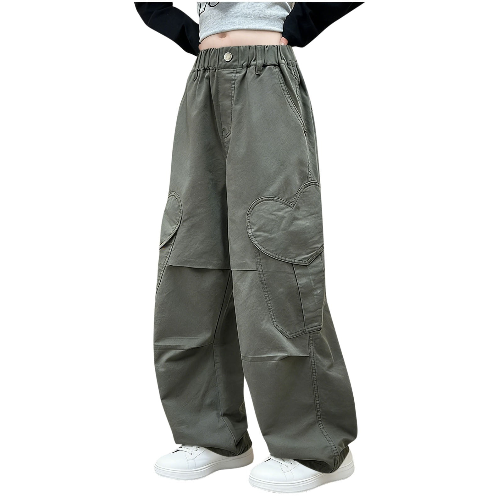 Cargo Pants For Kids Wide Leg Elastic Waist Button Heart Patchwork ...