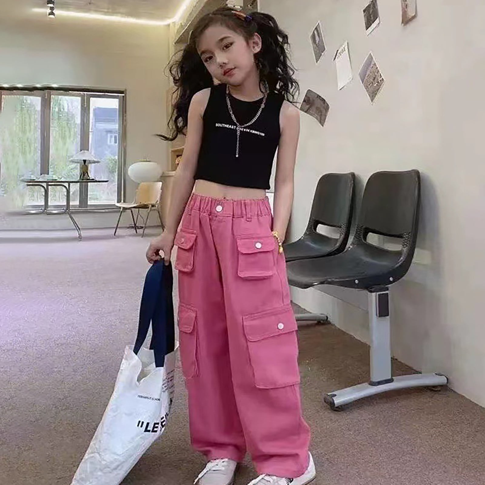 Cargo Pants Kids Loose Fit Baggy Cargo Pants Elastic Waist Pink Cargo ...