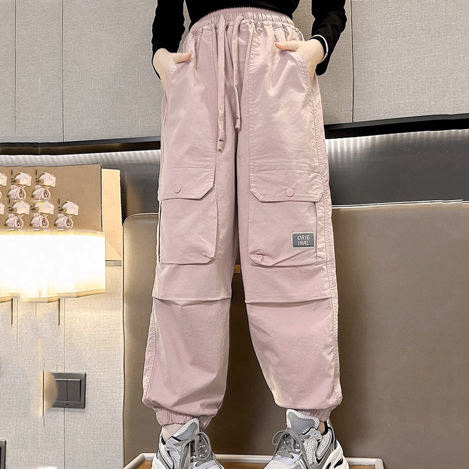 Cargo Pants Kids Loose Fit Baggy Cargo Pants Stretch Elastic Waist Pink ...