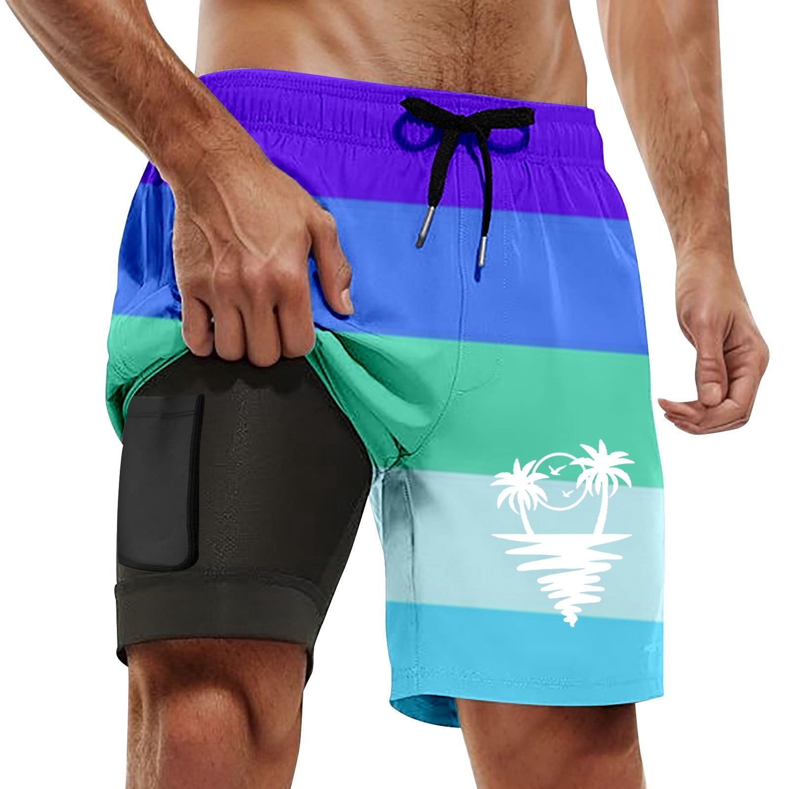 Swim Trunks Men 5 Inch Striped Quick Dry Baggy Elastic Drawstring Waist ...