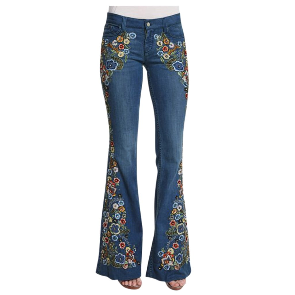 Cargo Pants Women Embroidery Destoryed Flare Jeans Button Waist Bell ...
