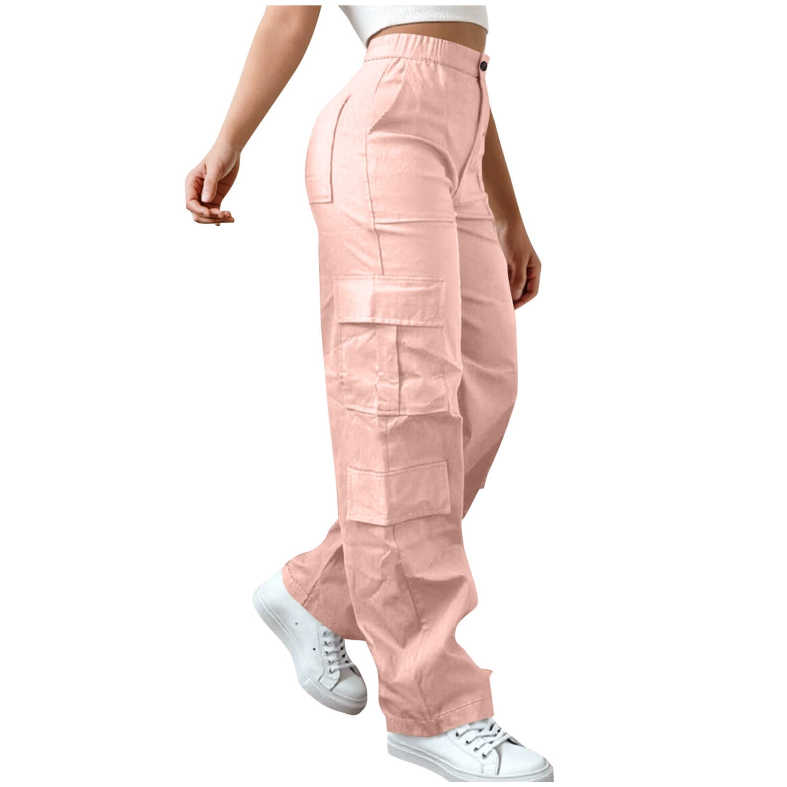 Cargo Pants Women High Waisted Hiking Pants Solid Color Elastic Waist ...