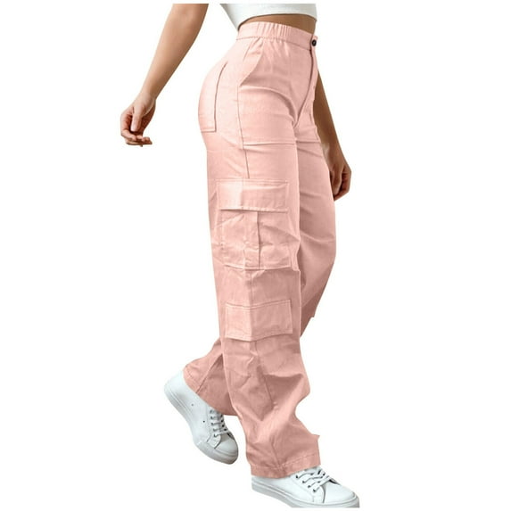Cargo Pants Women High Waisted Hiking Pants Solid Color Elastic Waist ...