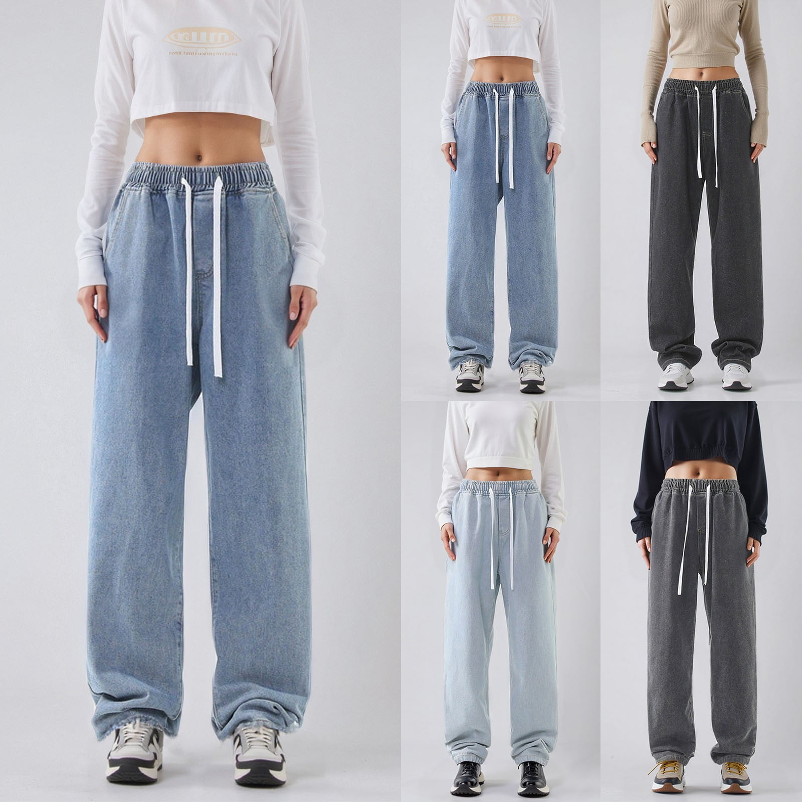 Cargo Pants Women Loose Washed Denim Pants Solid Color High Waist with ...