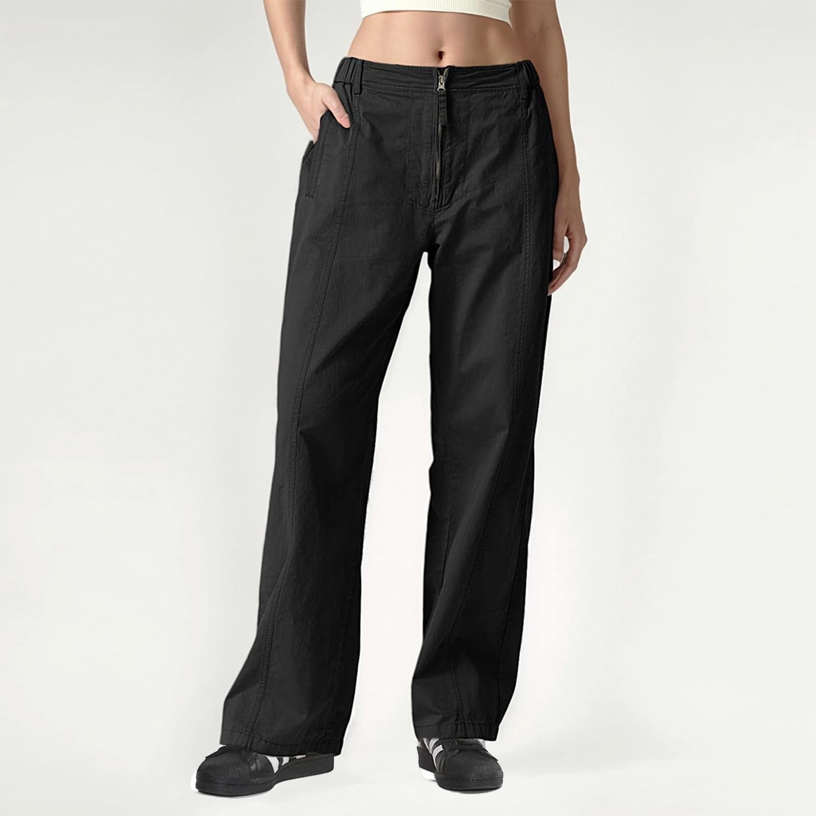 Cargo Pants Women Zip Front Parachute Pants Baggy Wide Leg Pants With ...
