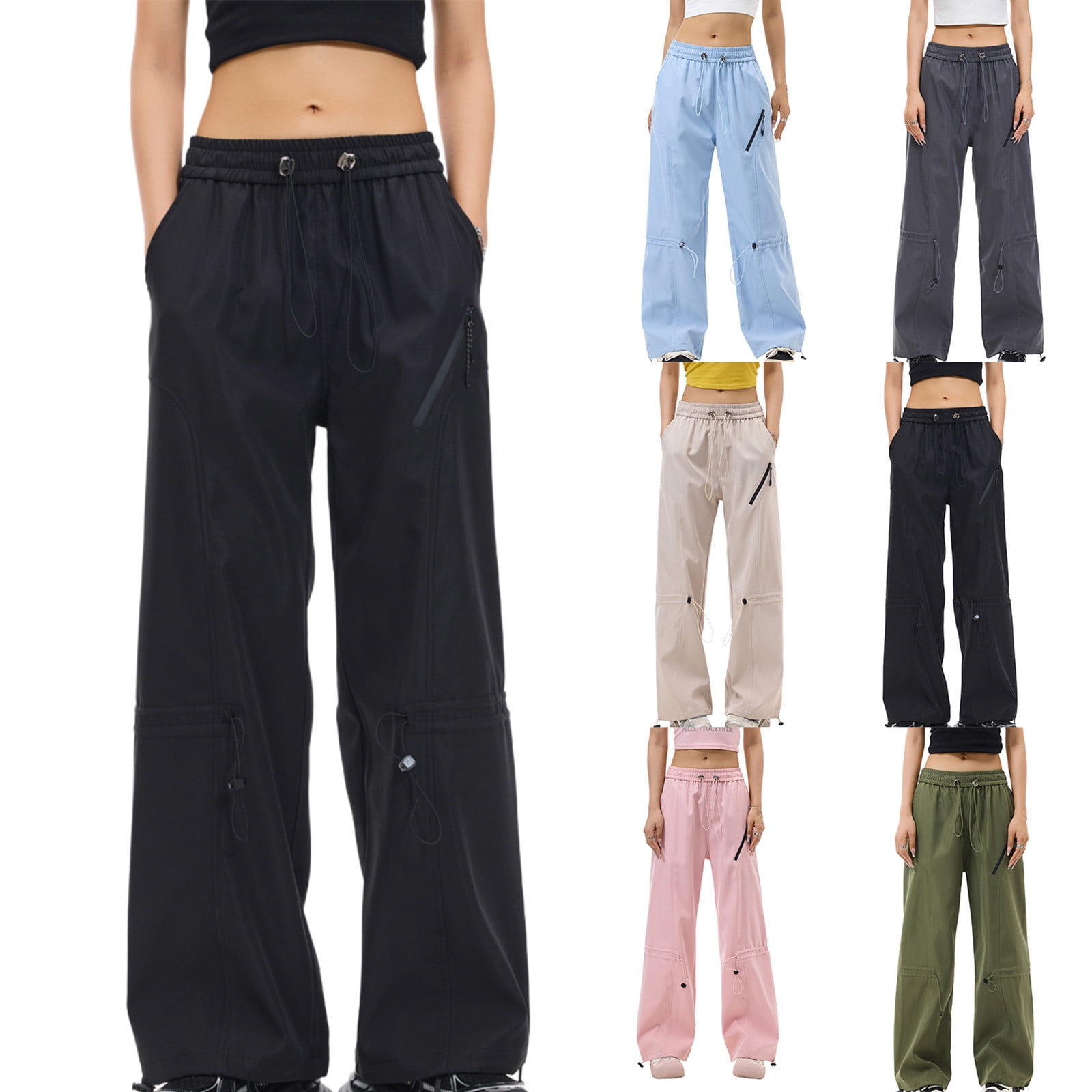 Cargo Pants with Zipper Pockets, Women's Pull Rope Elastic Waist ...