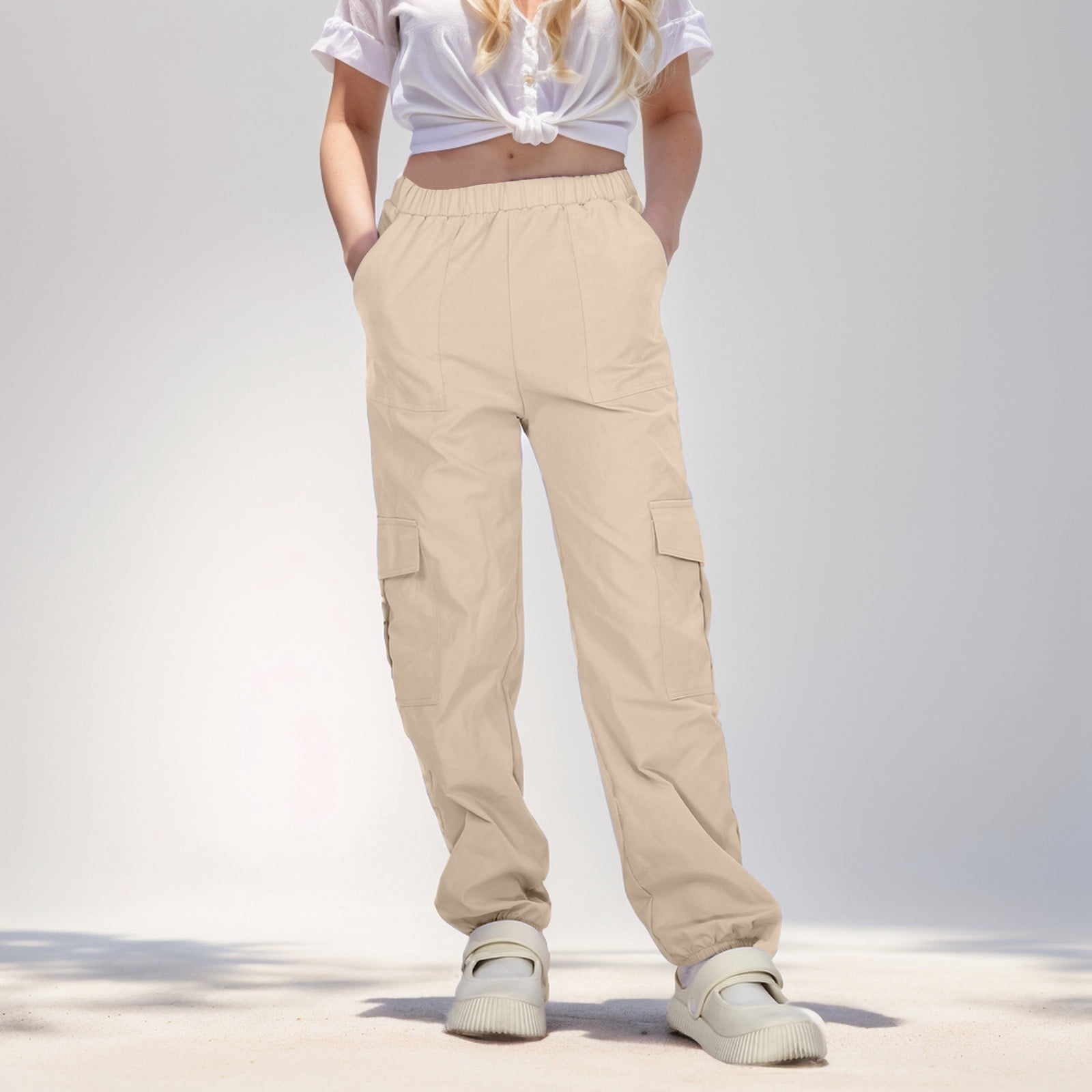 Cargo Pants for Girls with Pockets Solid Color High Waist Wide Leg ...