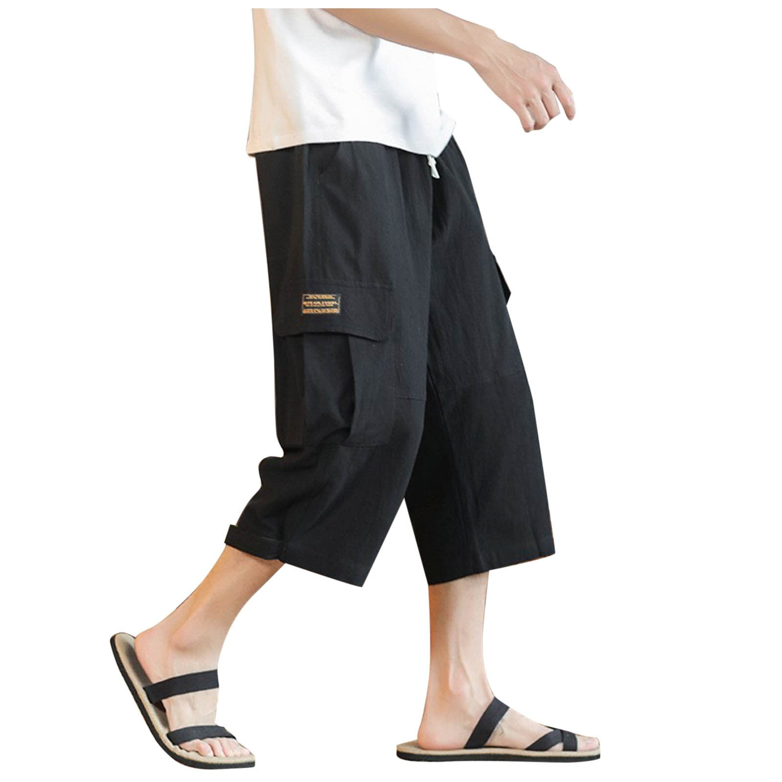 Cargo Pants for Men Cotton Elastic Waist Drawstring Capris Casual ...