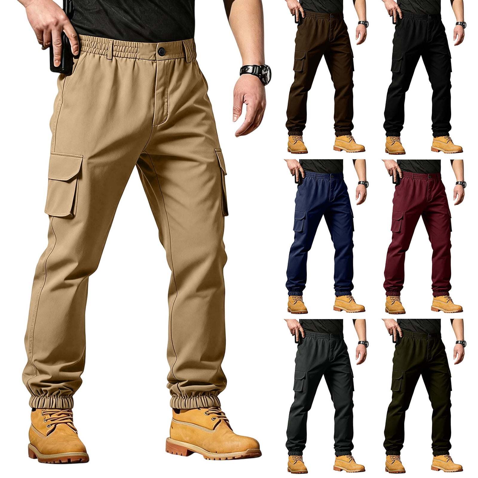 Cargo Pants for Men Elastic Waist Tapered Leg Jogger Pants with Pockets ...