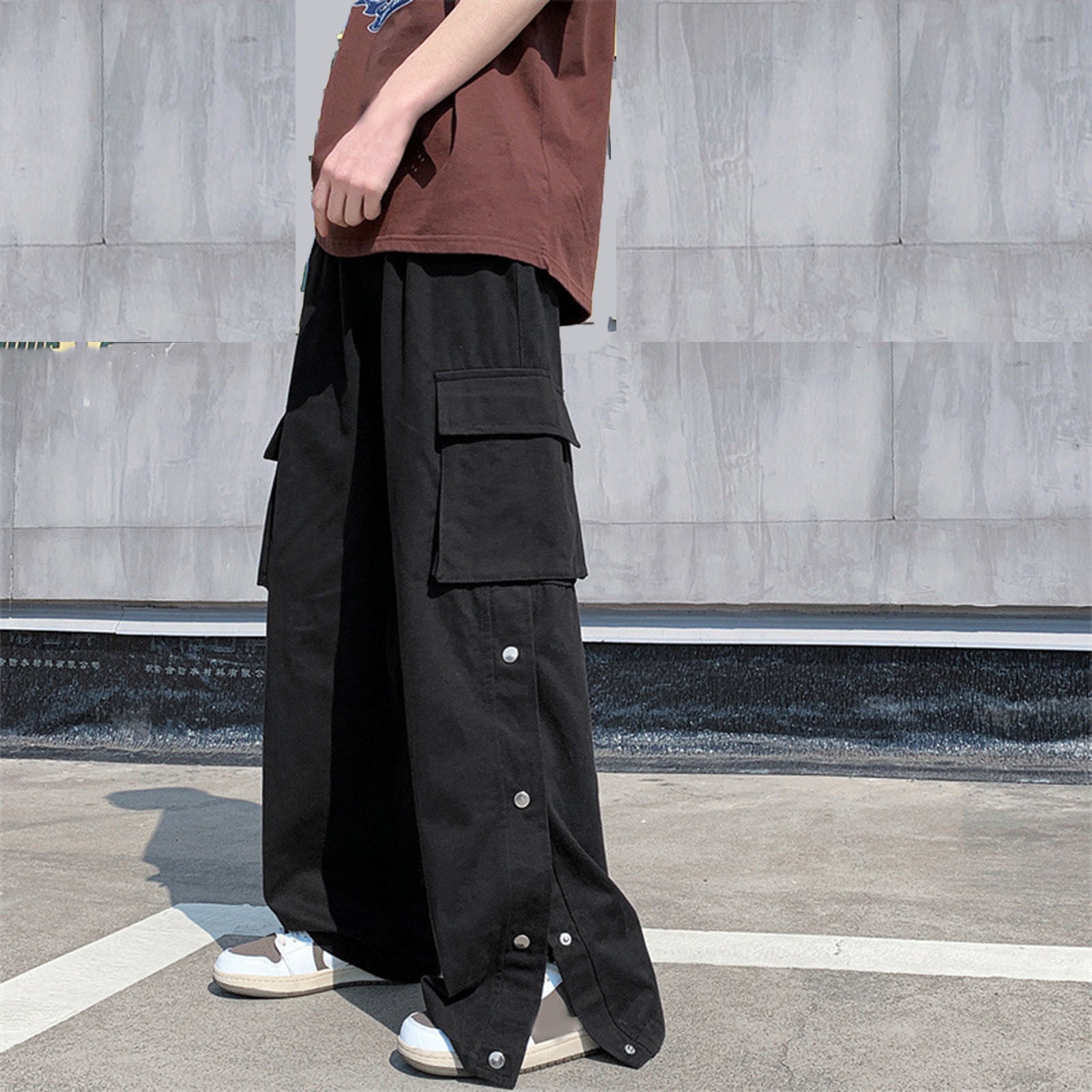 Cargo Pants for Men Side Button Open Bottom Straight Wide Leg Trousers ...